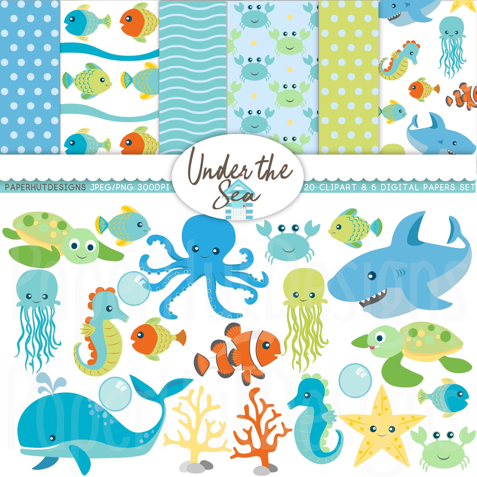 Sea Animal Clipart and Digital Paper Set-under the Sea Clipart - Etsy