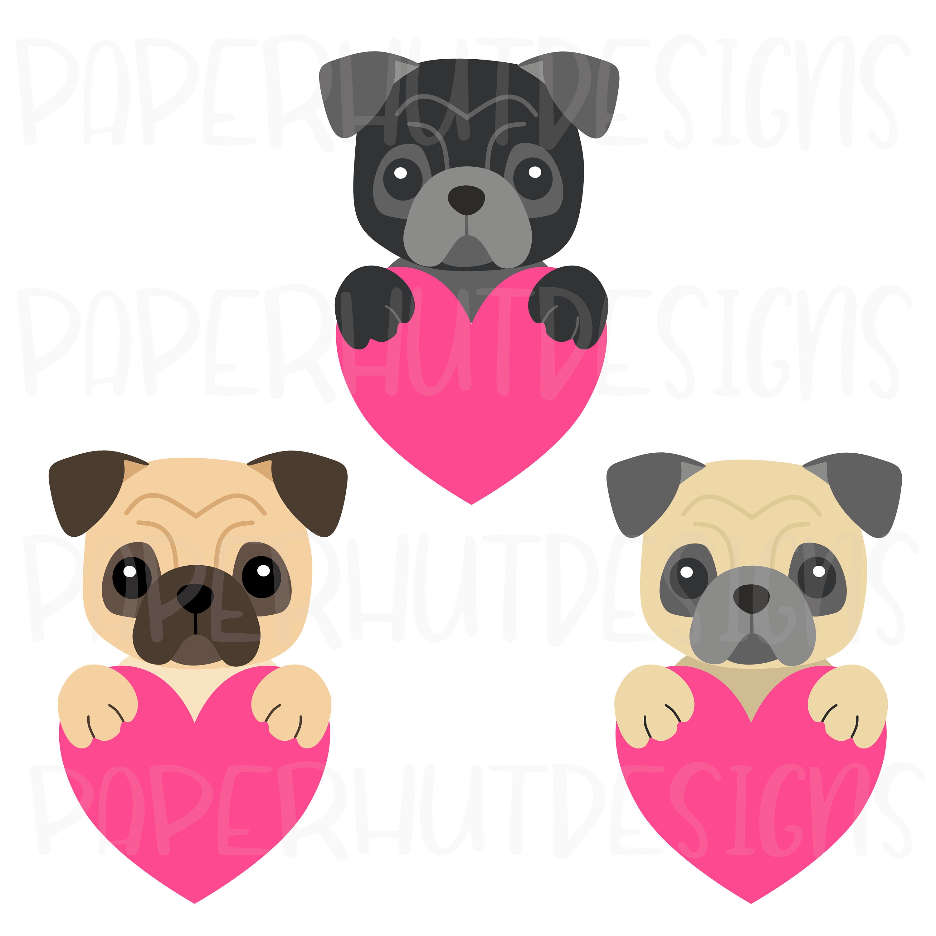 Valentine Pug Dogs Clipart-pug Valentine Clipart-cute Pug | Etsy