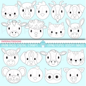 Farm Animals Digital Stamp-farm Animal Faces Black and White Stamps ...