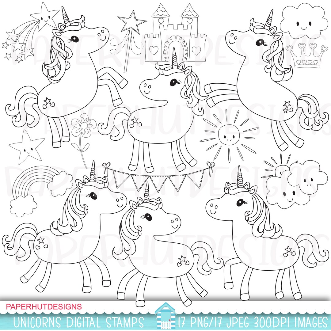 Unicorn Digital Stamps|unicorn Coloring Page|unicorn Clipart|unicorn ...