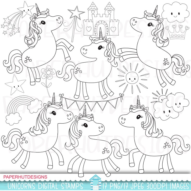 Unicorn Digital Stamps Clipart: Rainbow, Castle, Stars - Coloring Page ...