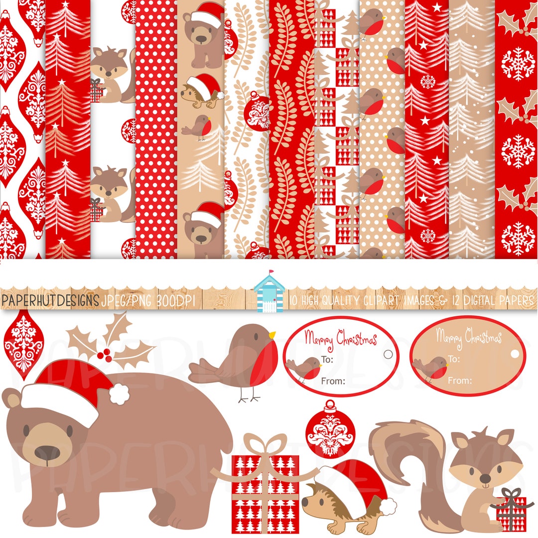 Christmas Woodland Animals Clipart and Digital Papers Set|christmas ...