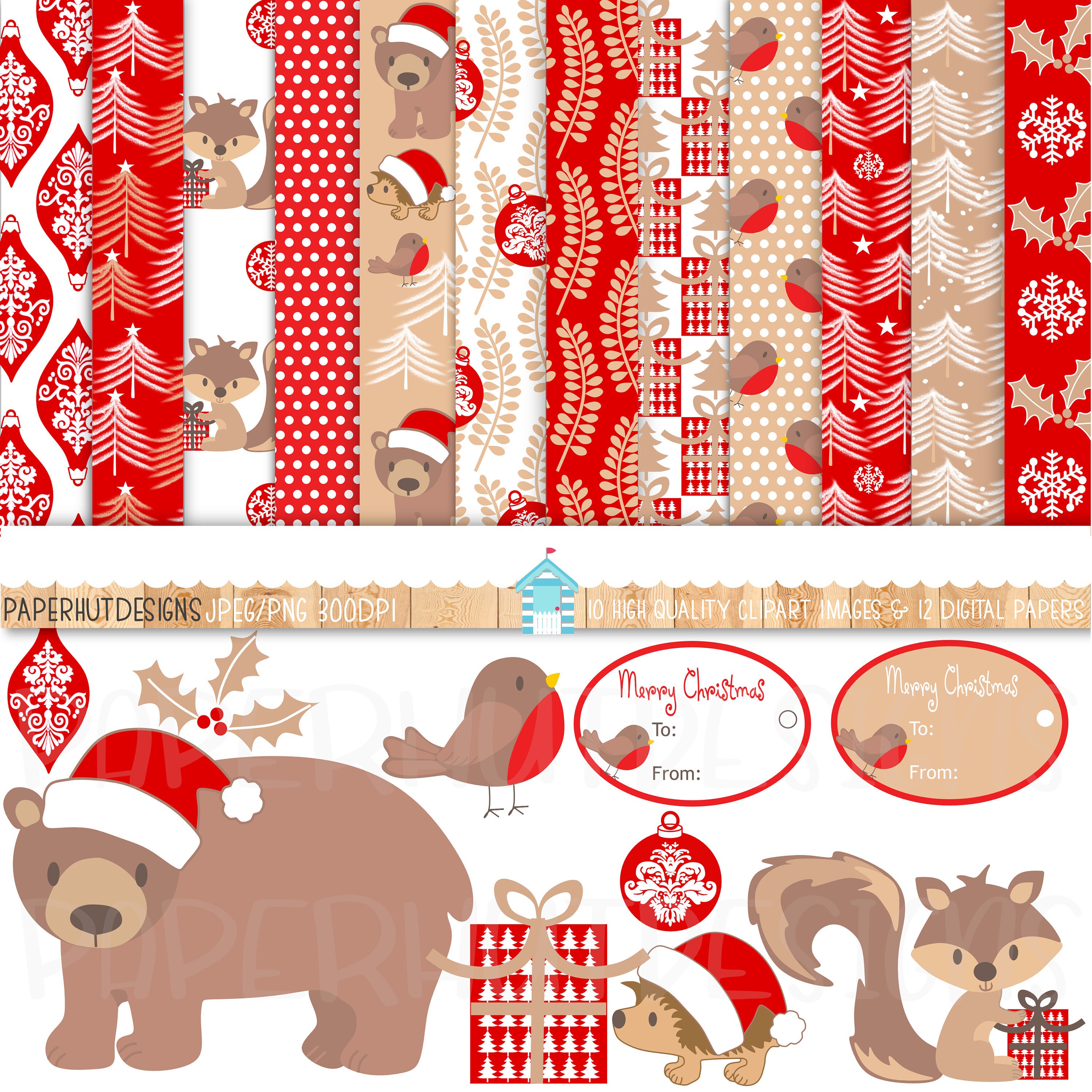 Christmas Woodland Animals Clipart and Digital Papers Set|christmas ...