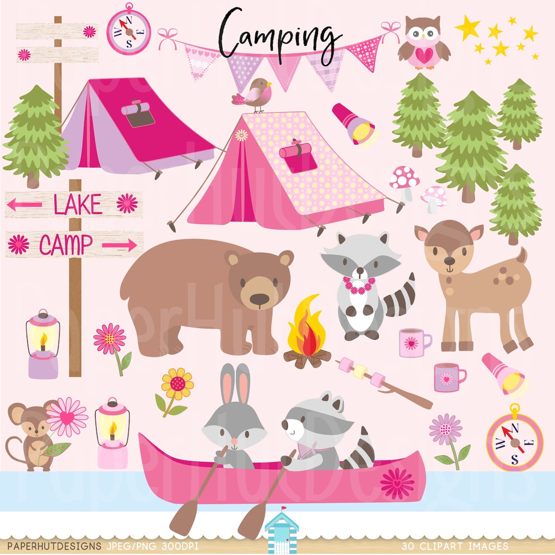 Girls Camping Clipart- Girls Pink Camp Clip Art-forest Animals-bear ...