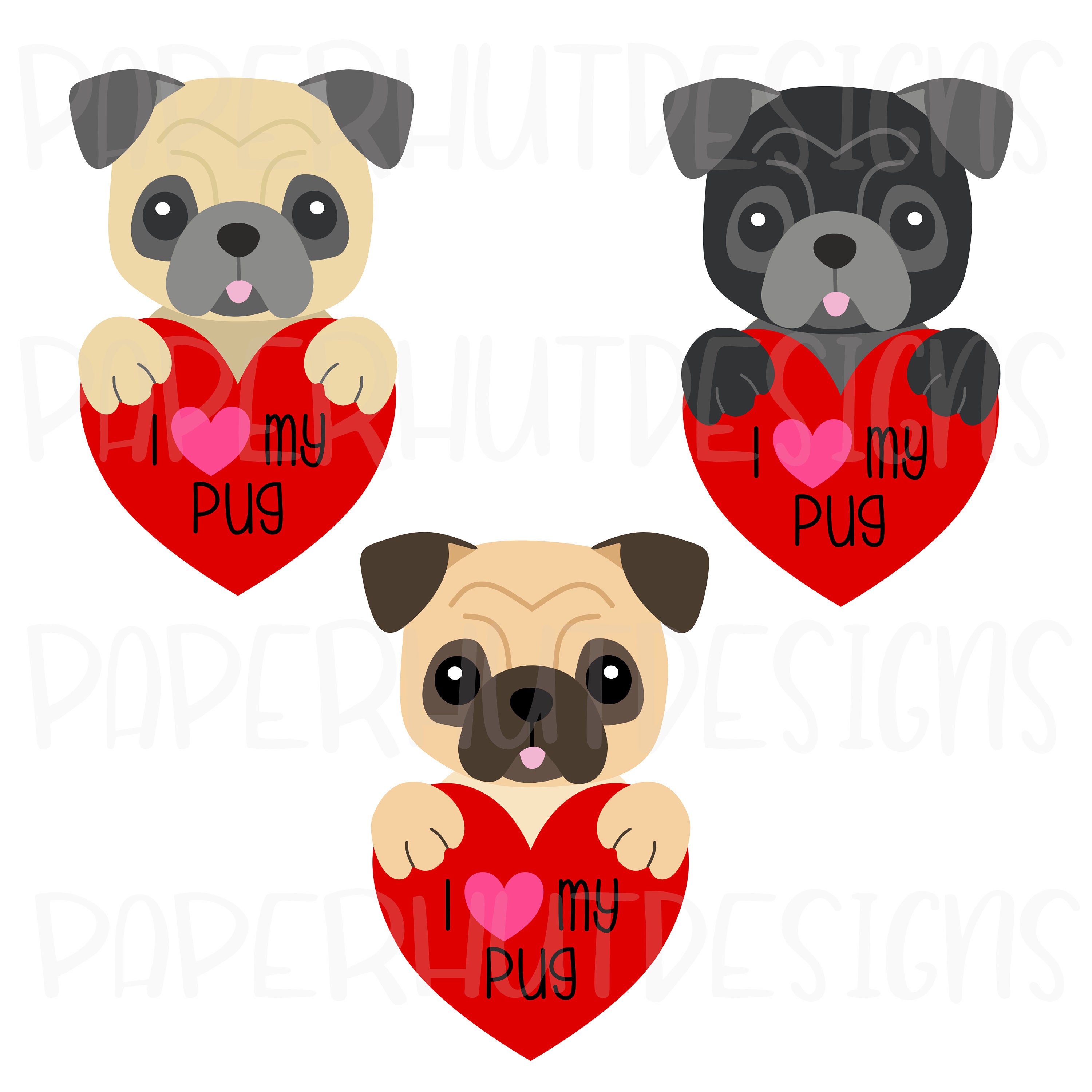 Valentine Pug Dogs Clipart-pug Valentine Clipart-cute Pug | Etsy