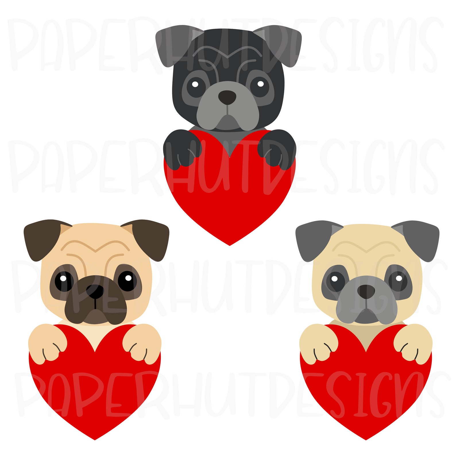 Valentine Pug Dogs Clipart-pug Valentine Clipart-cute Pug | Etsy