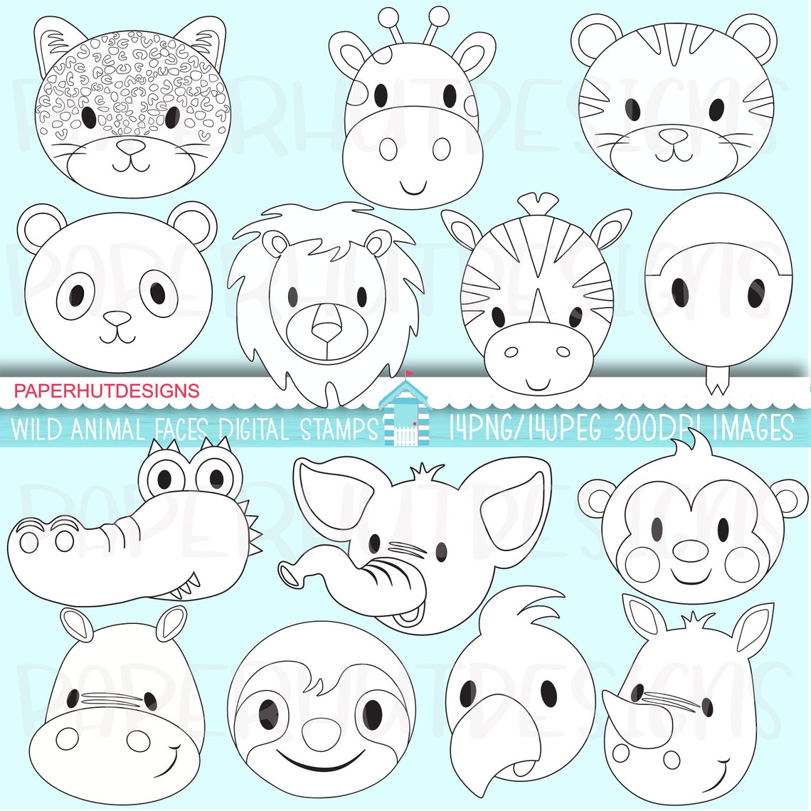 Jungle Animal Faces Digital Stampssafari Digital Stampswild - Etsy