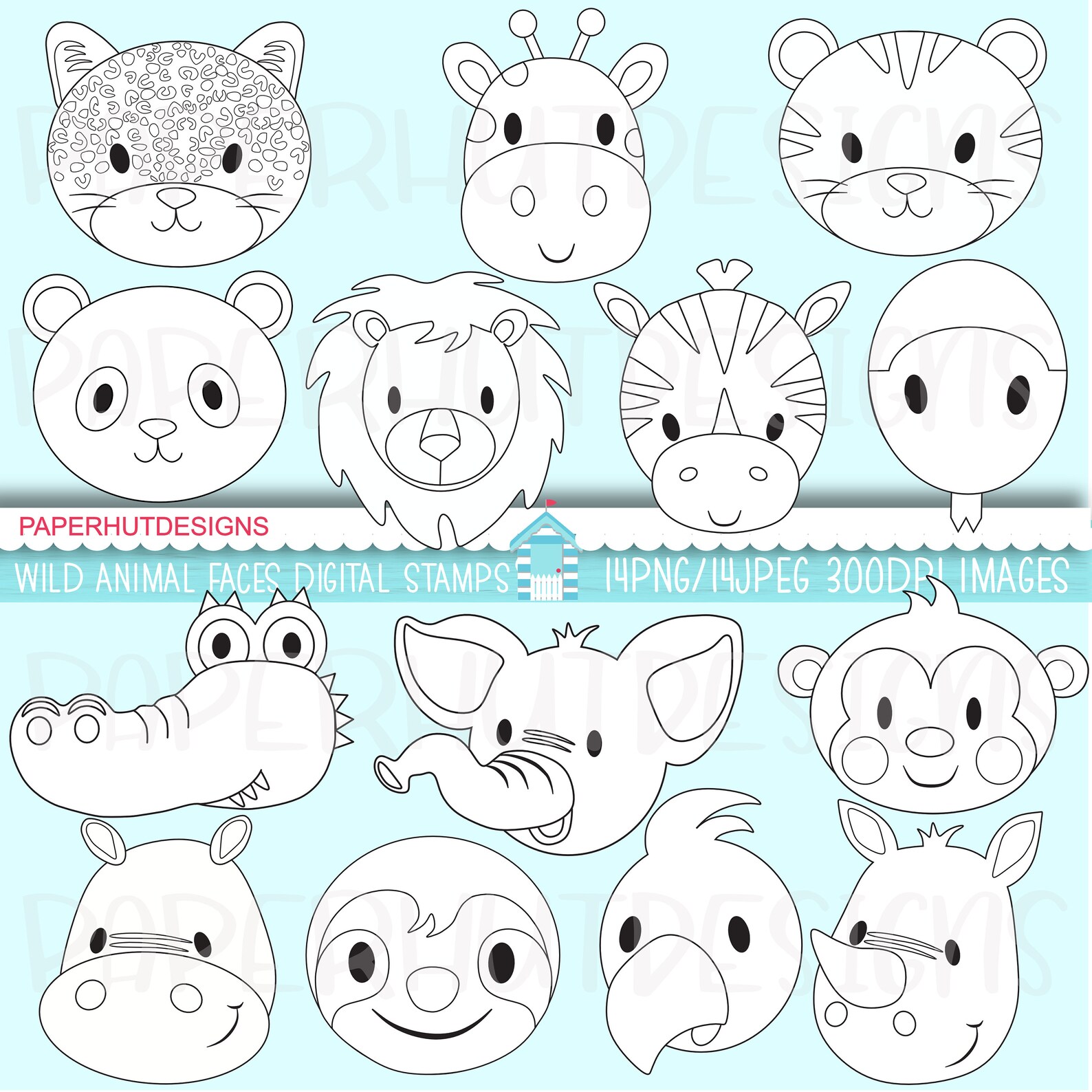 Jungle Animal Faces Digital Stampssafari Digital Stampswild - Etsy