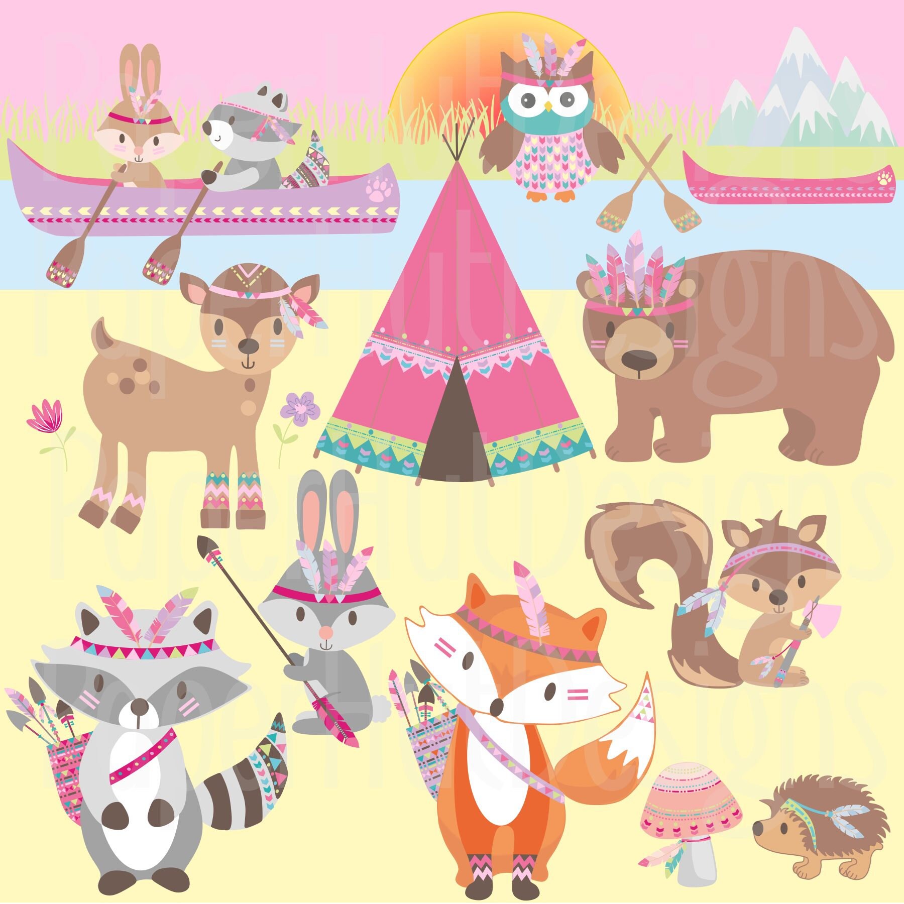 Girls Tribal Animals Clipart-woodland Animals Camping Clip - Etsy