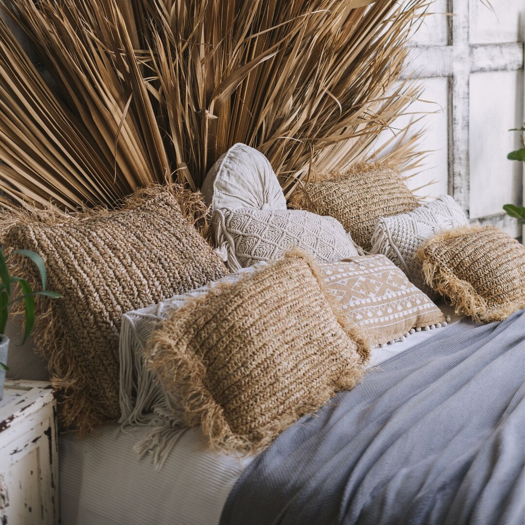 Raffia Cushion Cover Square Raffia Cushion Cover With Fringe Boho ...