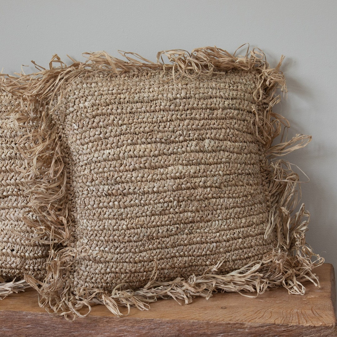 Raffia Cushion Cover | Square Raffia Cushion Cover With Fringe | Boho ...