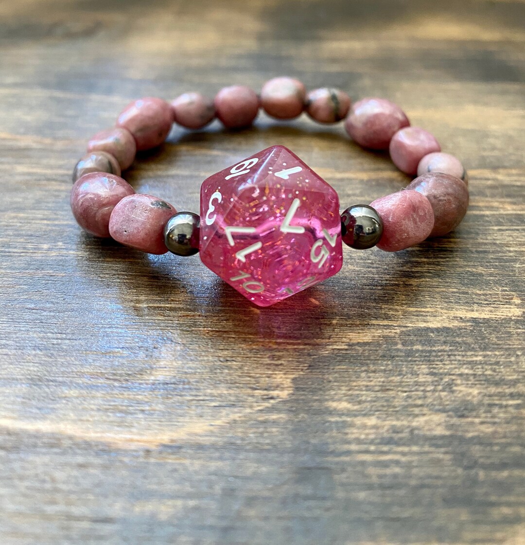 Dnd Bracelet, Rhodonite and Gunmetal Beads, Elastic Bracelet, Dnd, D20 ...