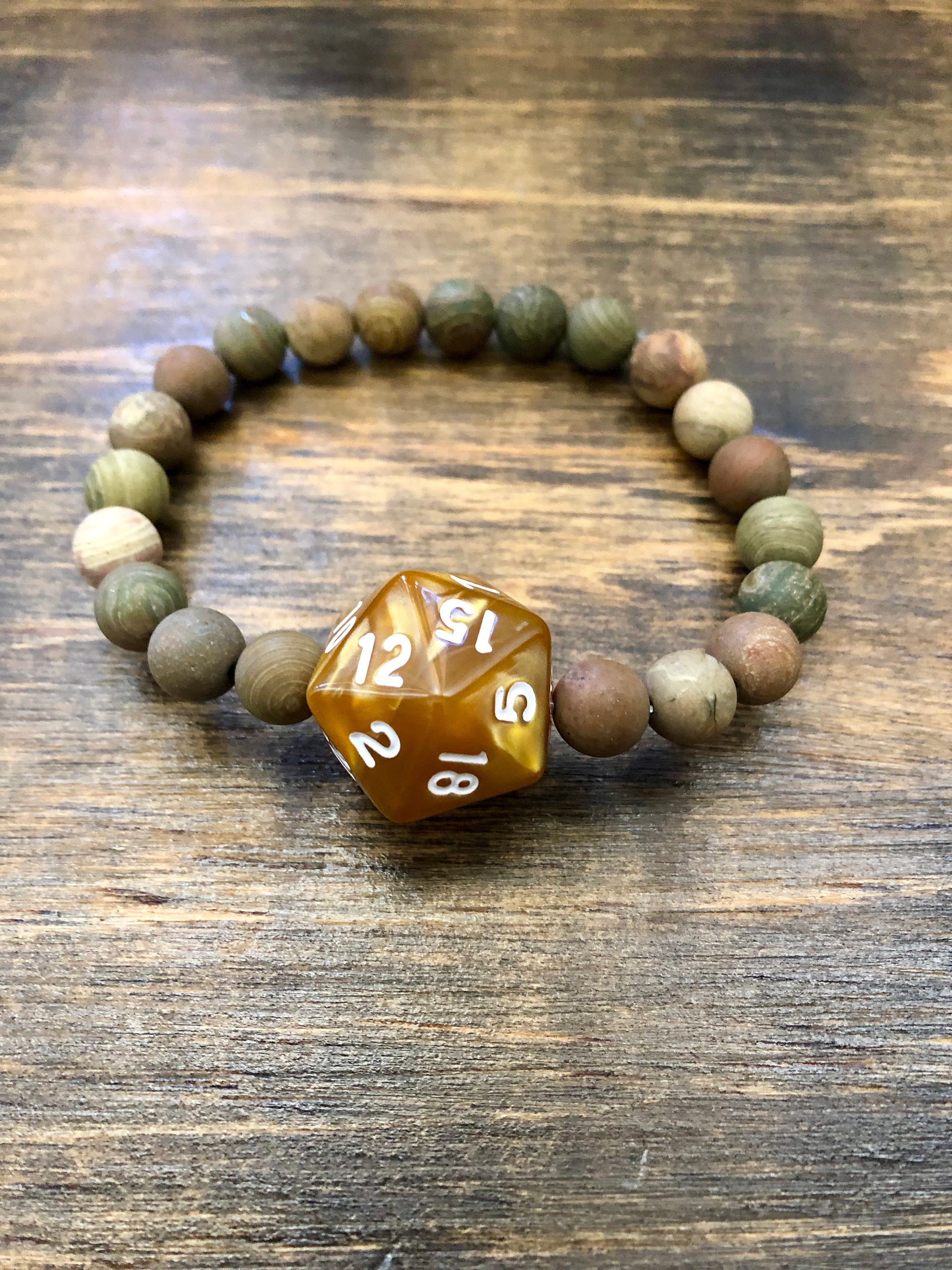 DnD Bracelet Jasper Beads elastic bracelet dice DnD D20 | Etsy