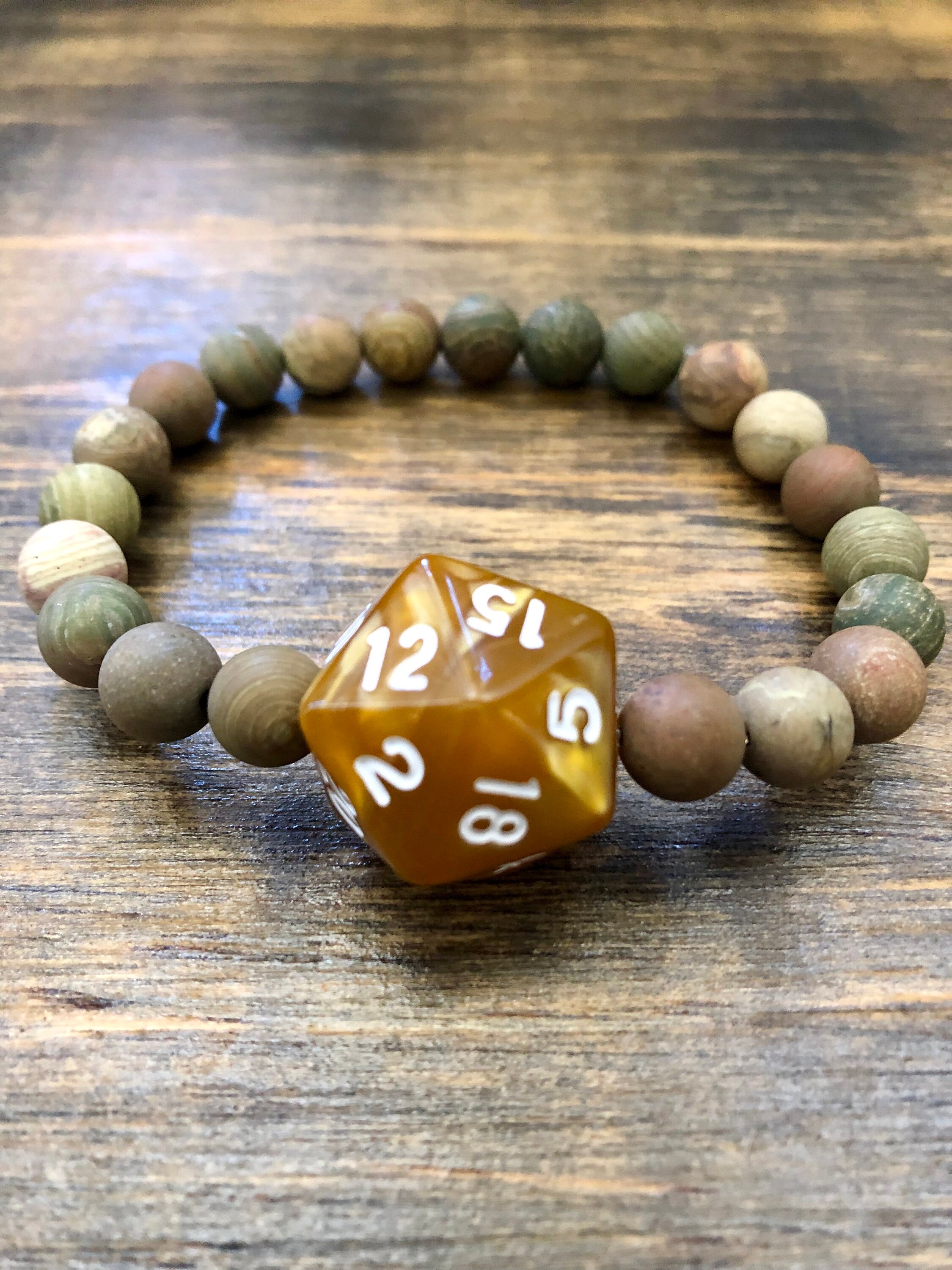 DnD Bracelet Jasper Beads elastic bracelet dice DnD D20 | Etsy