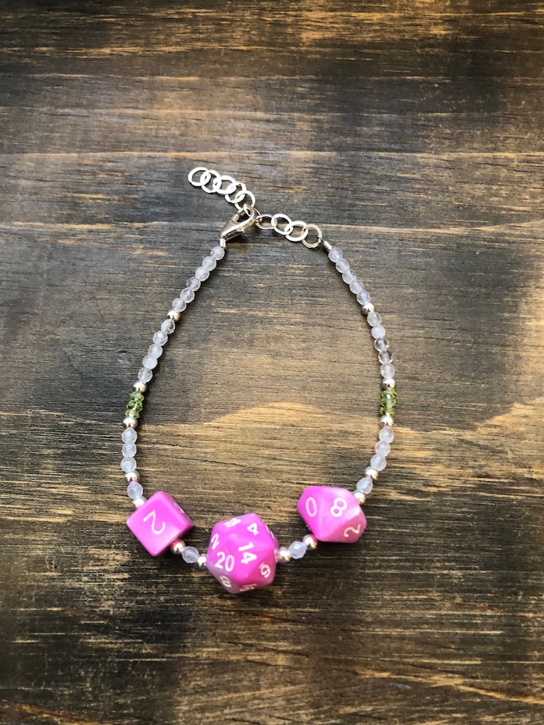 Dice Bracelet, Caduceus, Dnd, D20, MTG, Rose Quartz & Peridot, Sterling ...