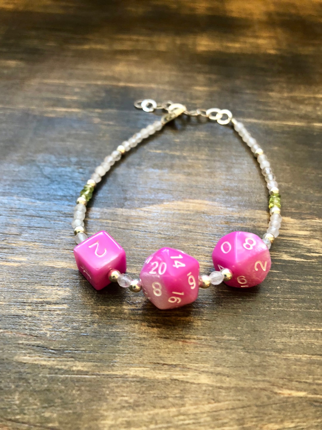 Dice Bracelet, Caduceus, Dnd, D20, MTG, Rose Quartz & Peridot, Sterling ...