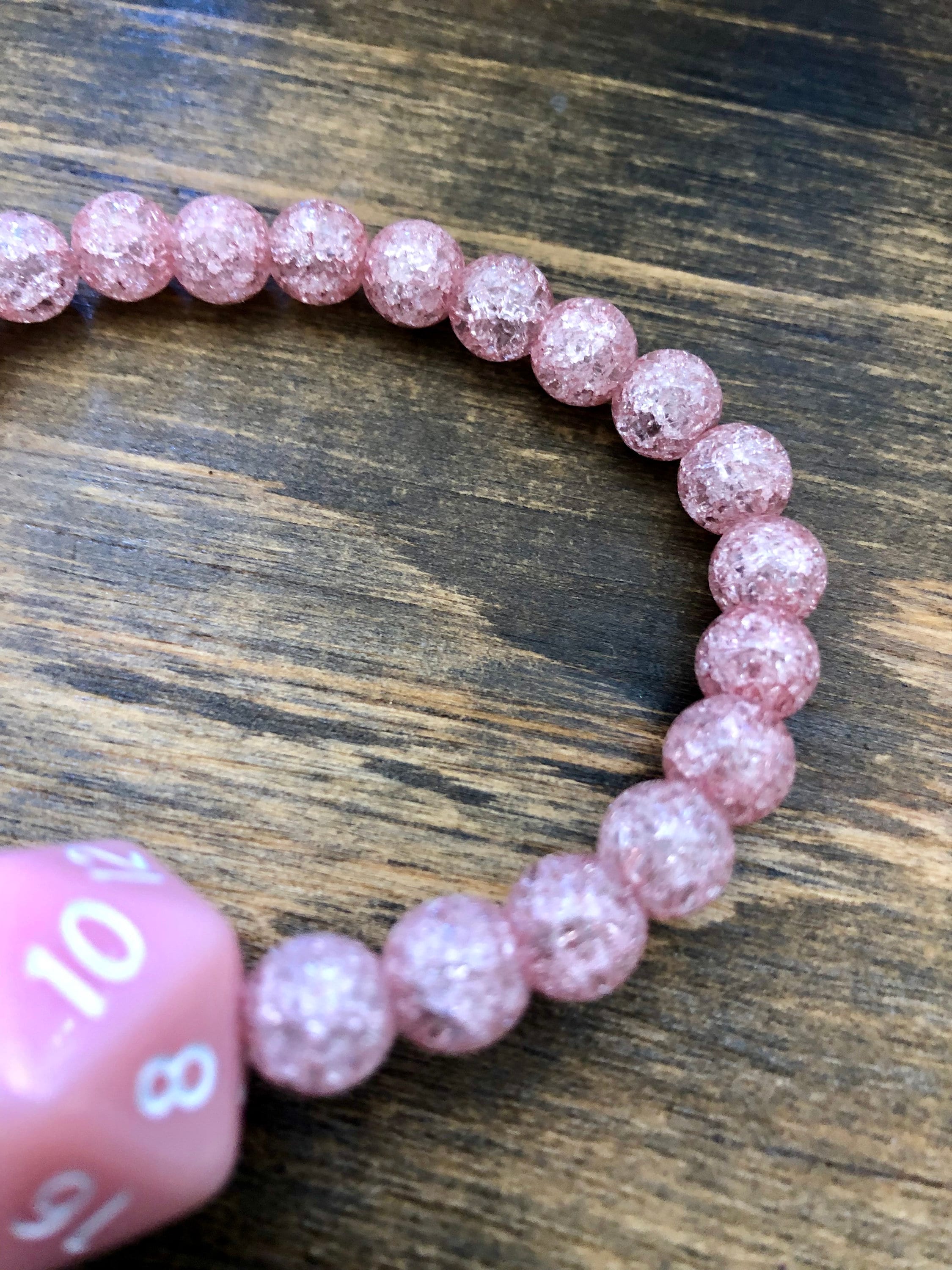 Dnd Bracelet, Rose Crackle Quartz Beads, Elastic Bracelet, Dice, Dnd ...