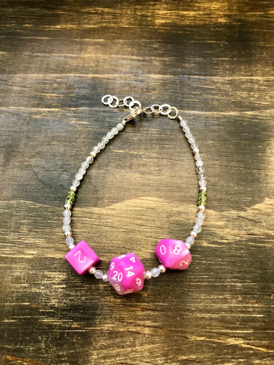 Dice Bracelet, Caduceus, Dnd, D20, MTG, Rose Quartz & Peridot, Sterling ...