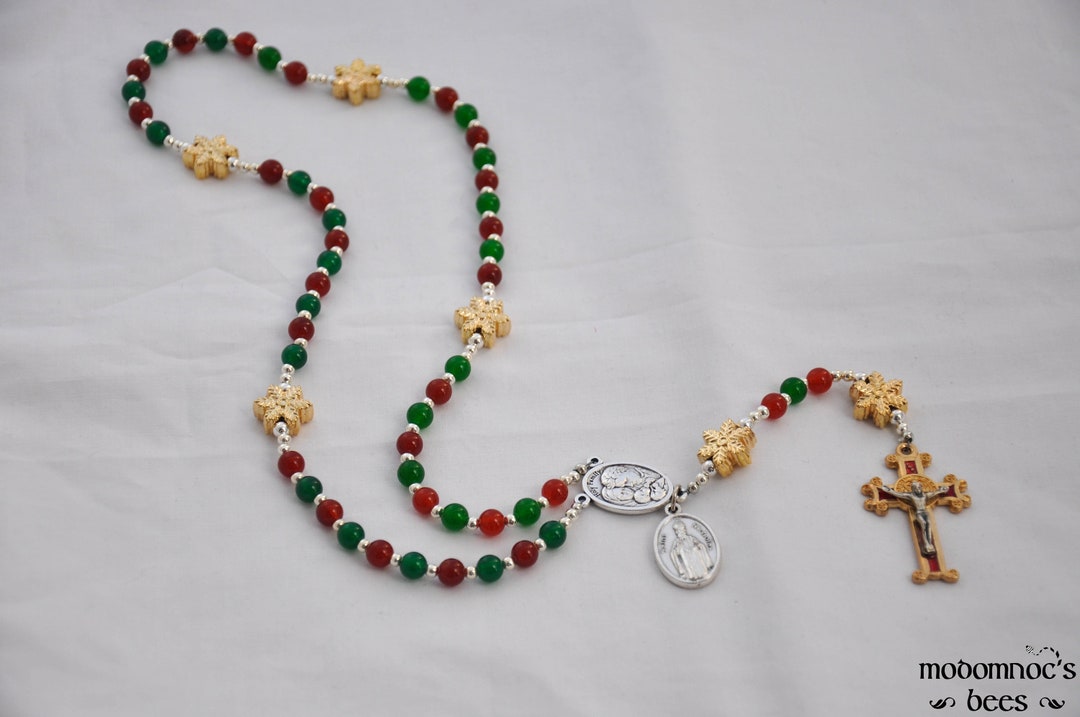 Christmas Rosary With Gold Snowflake Beads, Red & Green Beads, Holy ...