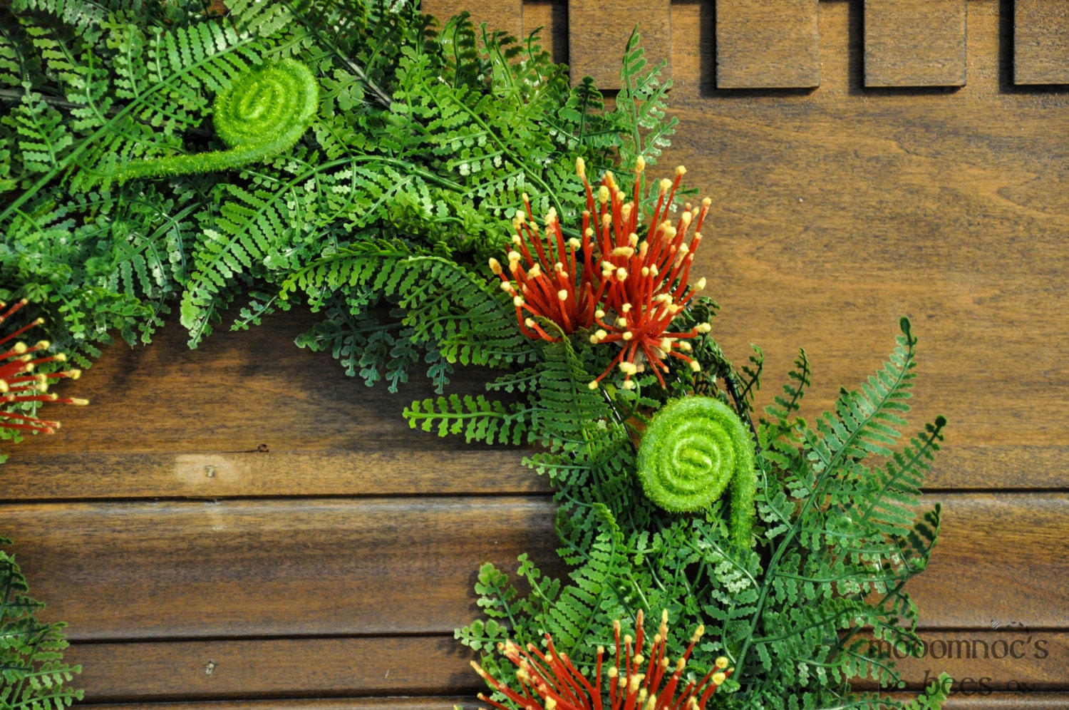 New Zealand Christmas Wreath with Silver Fern Koru and Pohutukawa Flowers