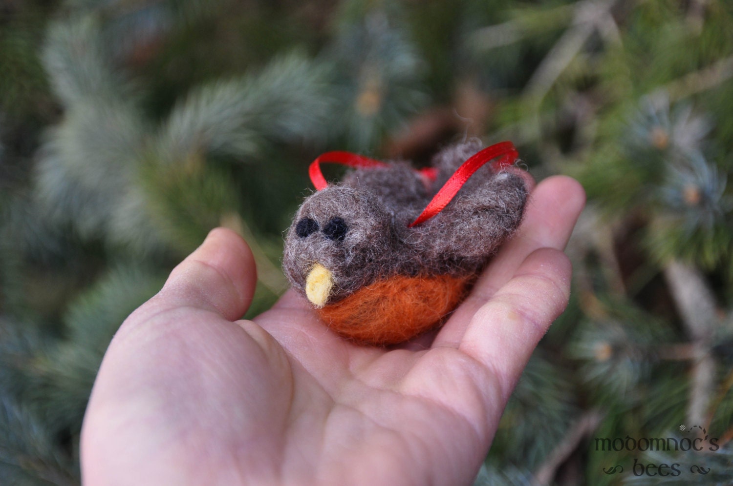 Cute Needle-Felted Wool Robin Christmas Ornament with Red Hanging Ribbon