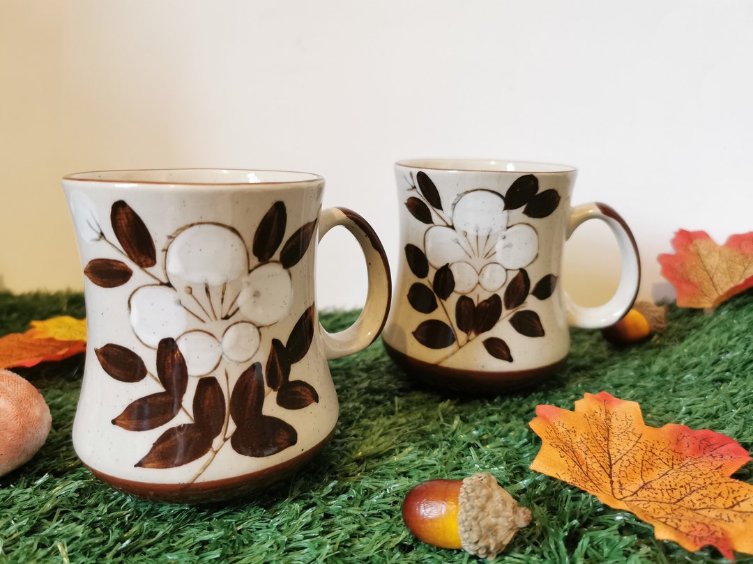 Vintage Brown Floral Mugs. 1970s Handpainted and Glazed Floral Mugs ...