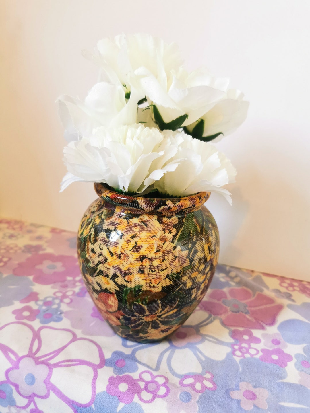 Vintage Ceramic Floral Fabric Decoupaged Vase. Vintage Chintz, Country ...