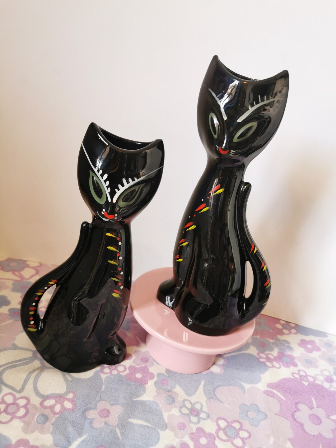 Vintage Mid Century Scoop Head Cat Vase Pair. Set of 2 Black Ceramic ...
