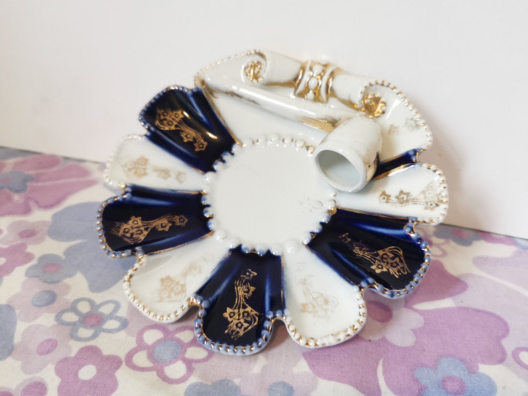 Antique German Porcelain Pipe Design Ashtray. Scallop Edged, Gold Gilt ...