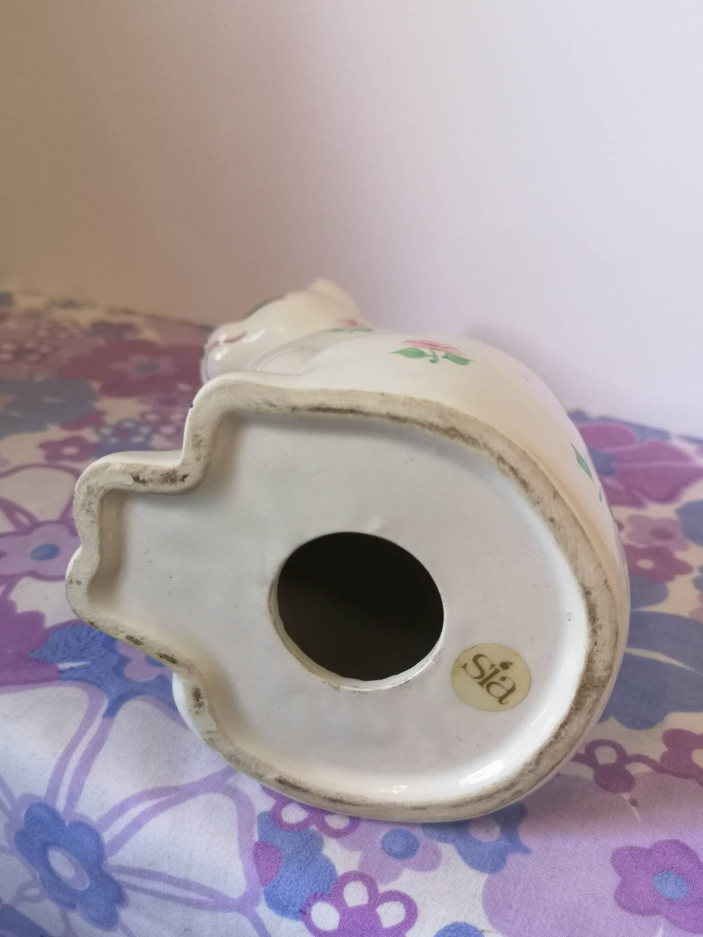 Vintage Sia Pottery White and Pink Hand Painted Floral Cat | Etsy UK
