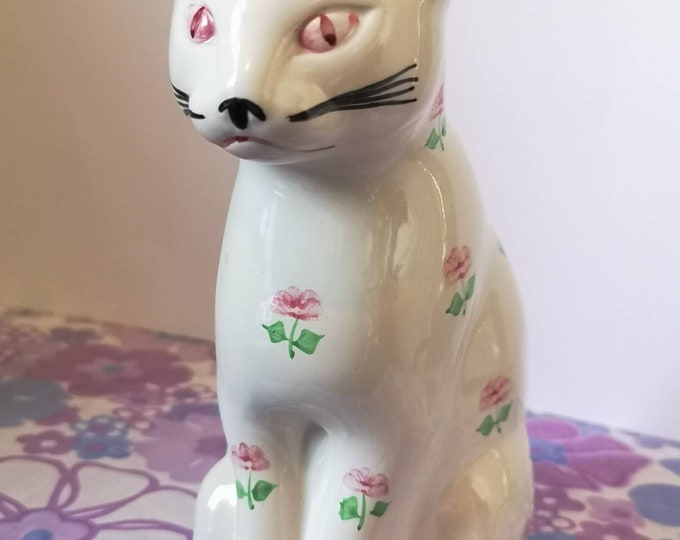 Vintage Sia Pottery White and Pink Hand Painted Floral Cat Ornament ...
