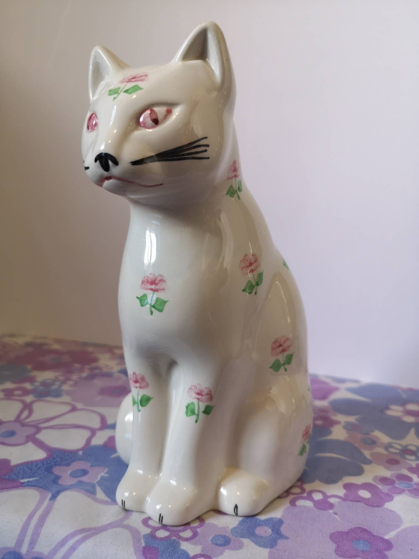 Vintage Sia Pottery White and Pink Hand Painted Floral Cat | Etsy UK