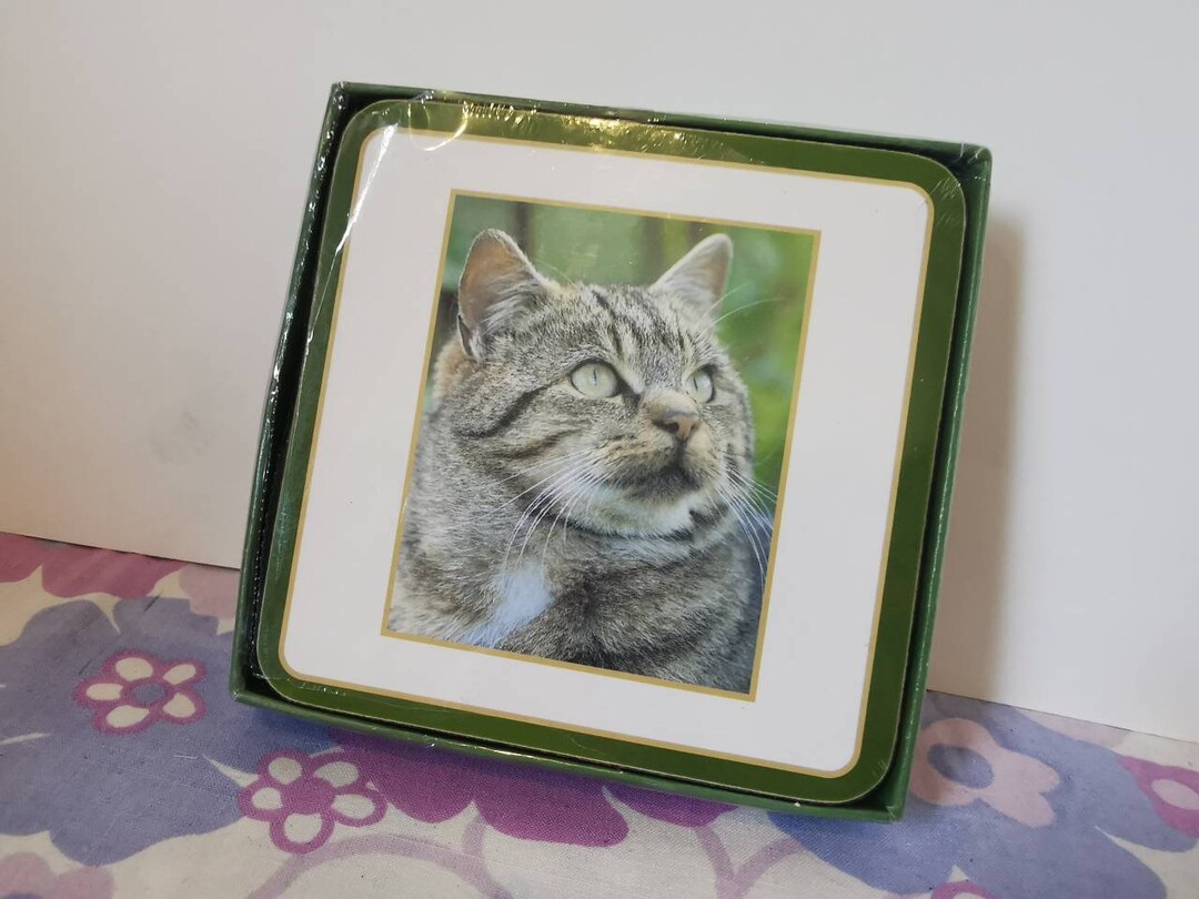 Vintage Square Cat Design Drinks Coasters. Set of 6 Wood and Cork ...