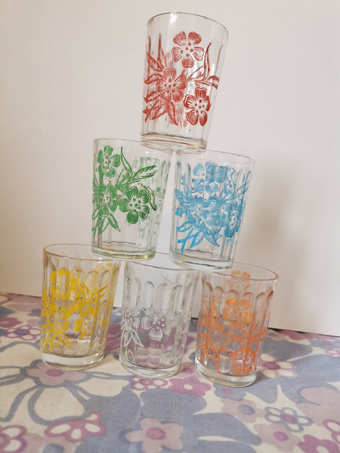 Vintage Shot Glasses. Set of 6 Midcentury Rainbow Floral Design Shot ...