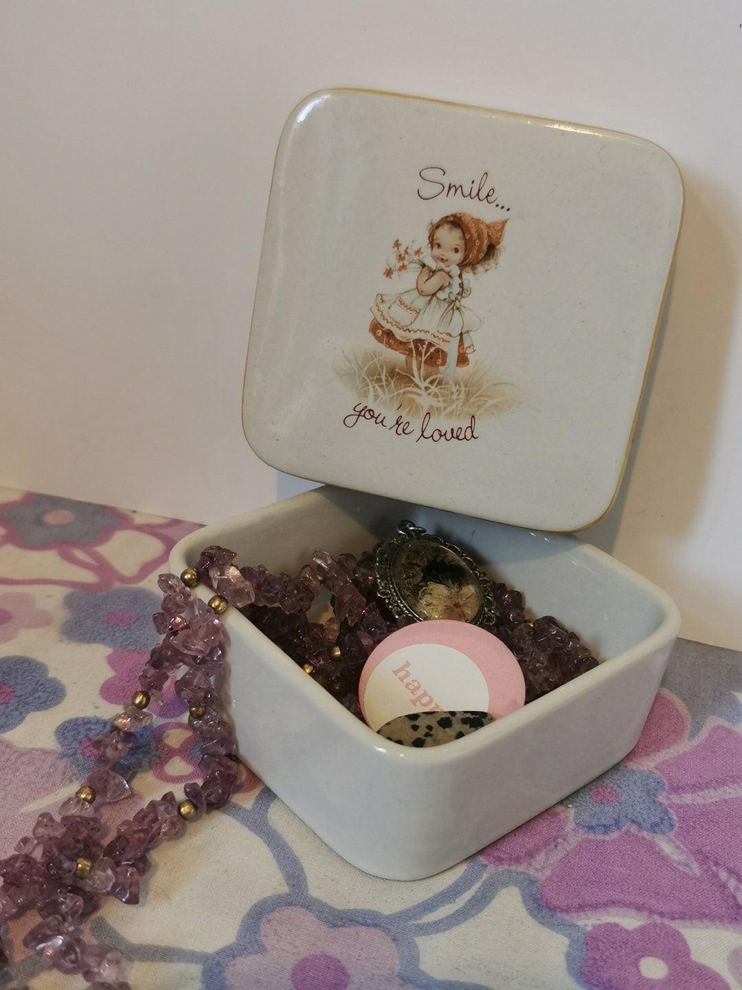 Vintage Gretchen Stoneware Trinket Box. Smile You're Loved Ceramic Pot ...