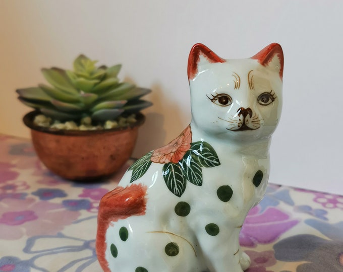 Vintage Ceramic Hand Painted Sitting Cat Ornament. Pink and Green Polka ...