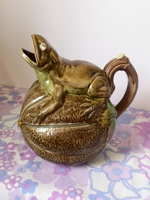 19th Century Majolica Frog on Melon Pitcher Jug Decanter. | Etsy