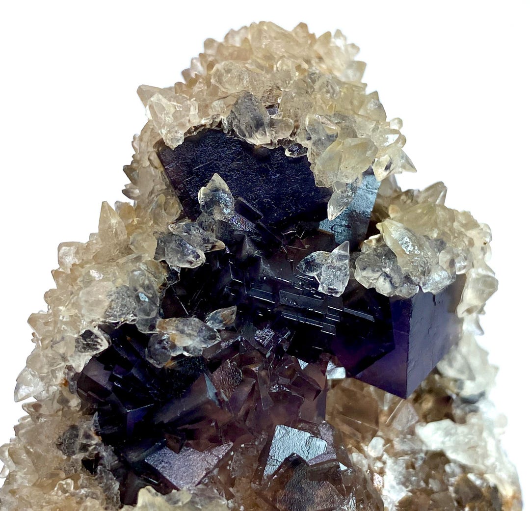 230 Gram Natural Deep Blue Phantom Cubic Fluorite With Calcite Specimen ...