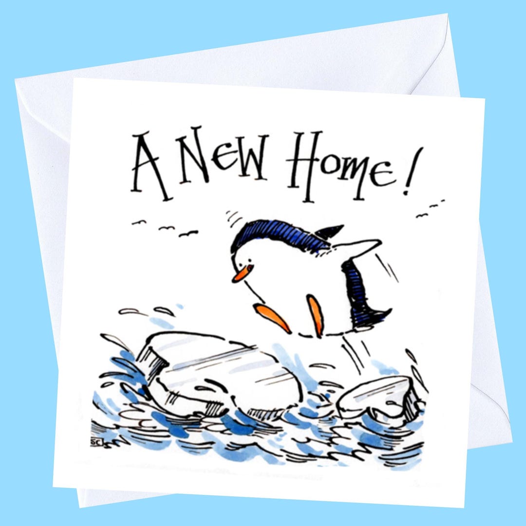 Funny New Home Card – Penguin Cartoon Design – Quirky Housewarming Card ...