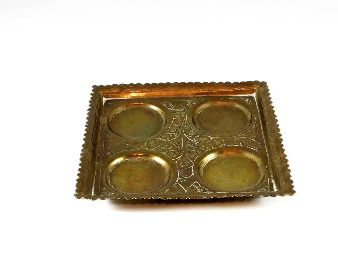Vintage Small Square Brass Tray Trinket Dish , Retro 4 Egg Cups Tray ...