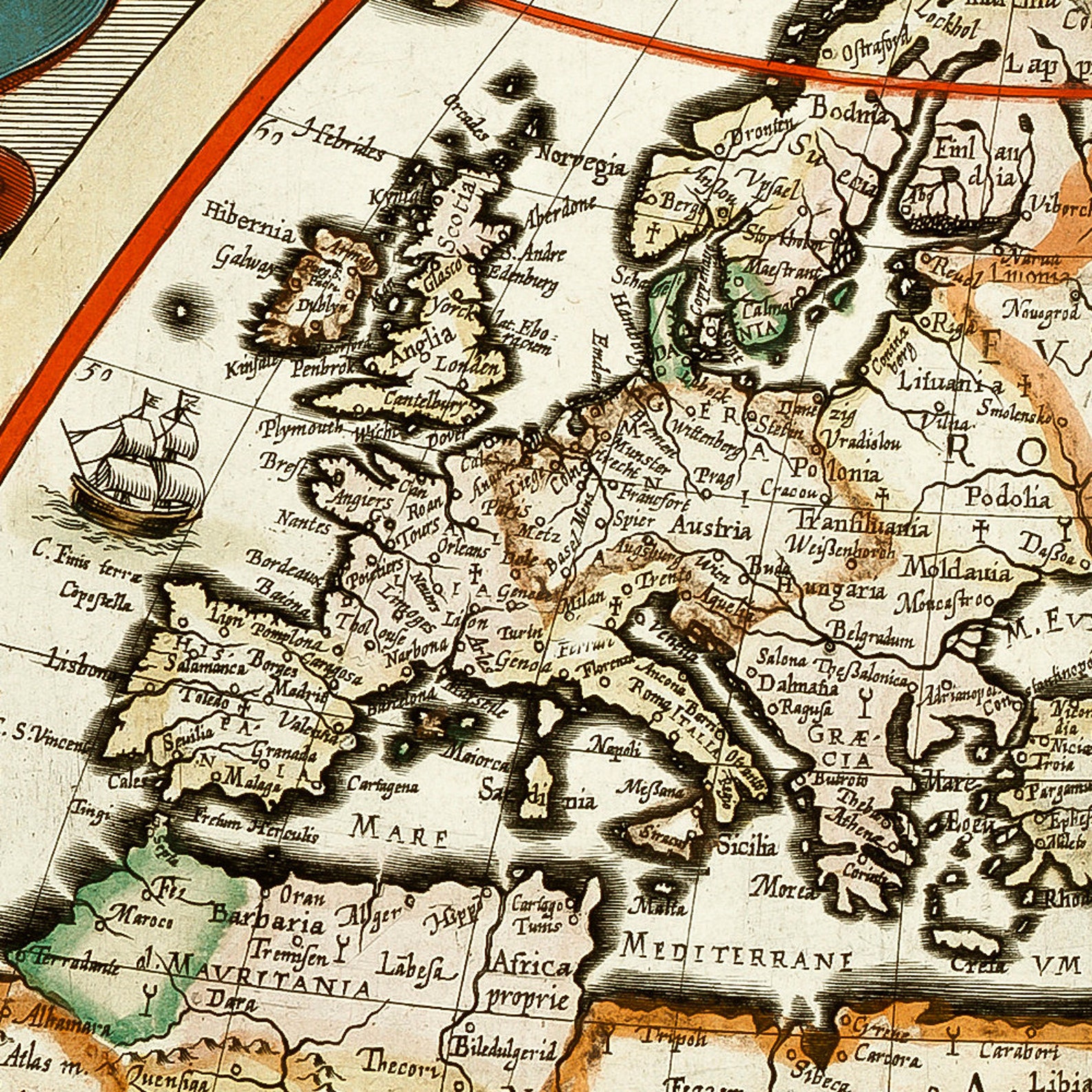 Old Antique World Map From 1618 - Triptych - European Discoveries ...