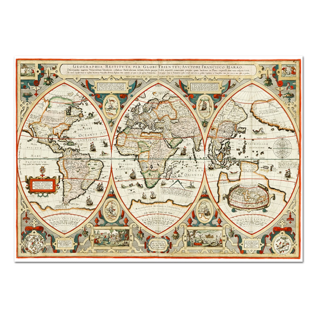 Old Antique World Map From 1618 - Triptych - European Discoveries ...