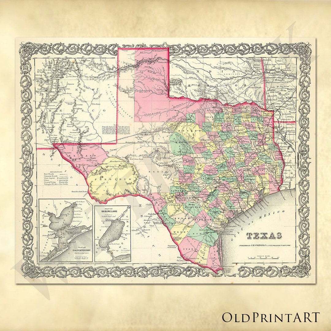 Old Vintage Map of Texas USA From 1856 - Vintage U.S. Atlas Map ...