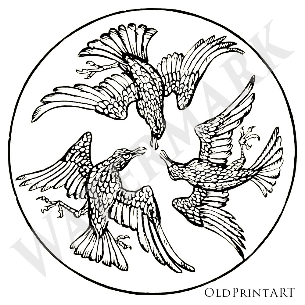 Three Crows Circling Vintage Crow Clipart Stamp Logo | Etsy