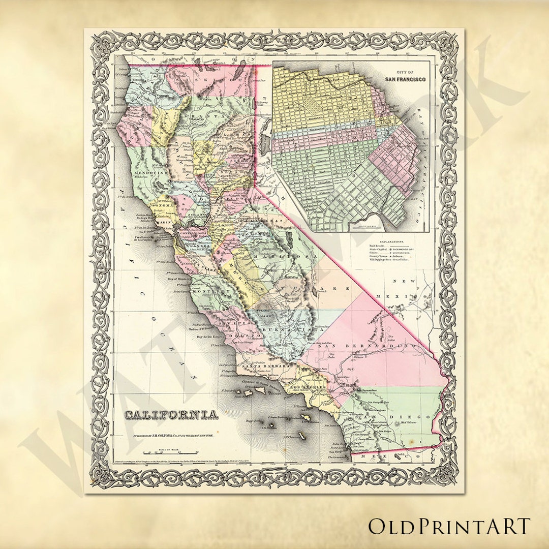 Old Vintage Map of California From 1857 With San Francisco Insert ...
