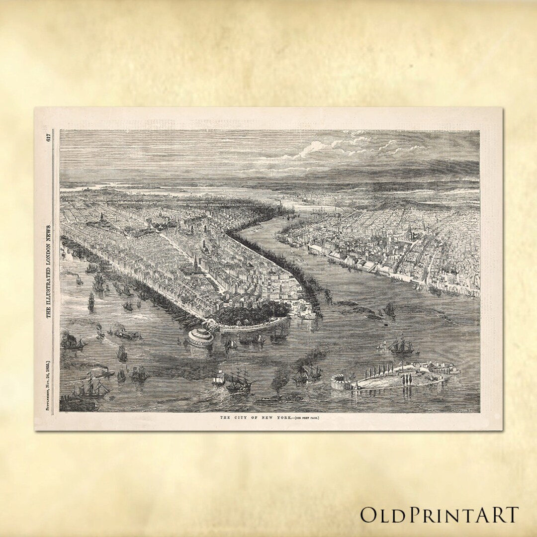 Old Vintage Birds Eye View of New York From 1855 - Vintage U.S. Atlas ...