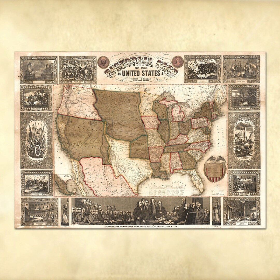 Pictorial Map of the United States From 1849 - Vintage U.S. Atlas Map ...