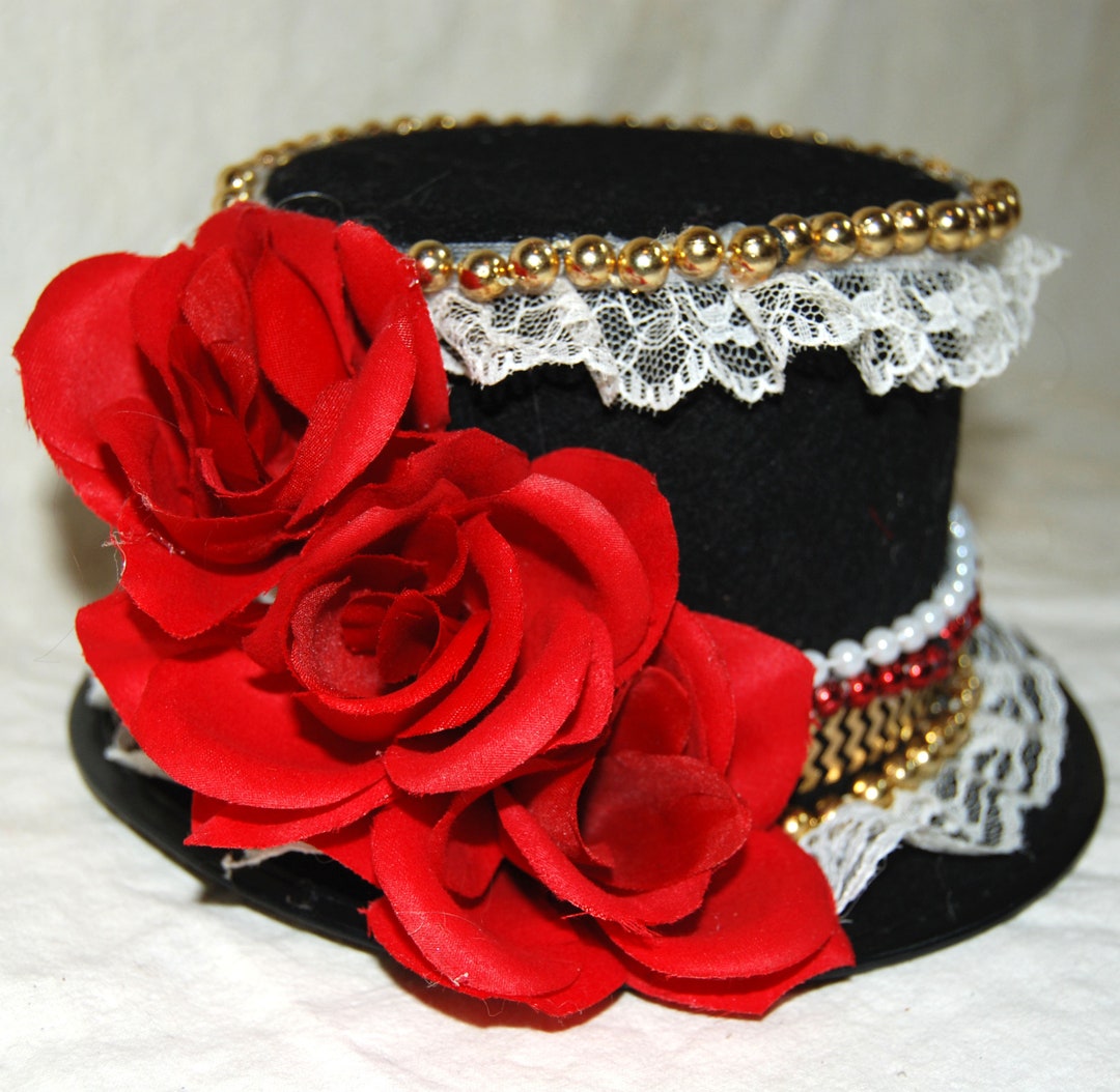 Steampunk Queen of Hearts Costume Black Mini Top Hat Red Rose Hat ...