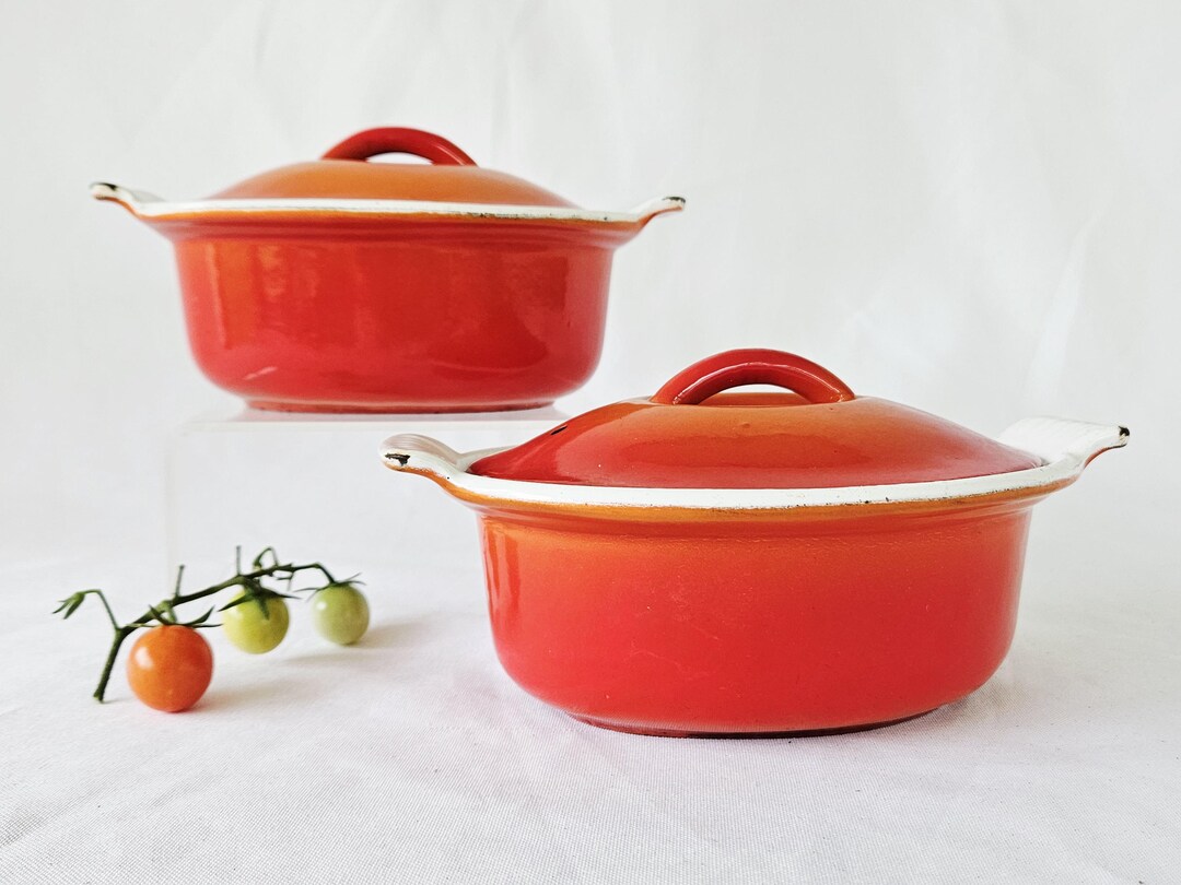 1950s Flame Cocotte Pair Two Small Lidded Oval Pots 2 Cups Vintage ...