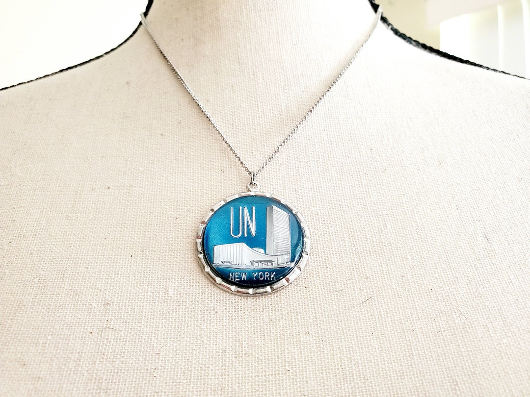 Enameled United Nations Souvenir Necklace Blue Enamel Pendant Costume ...